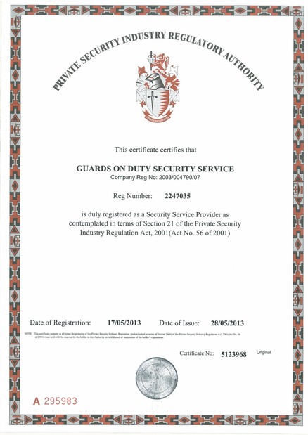 Certificates - Gauteng Guarding Guards on Duty Security Services